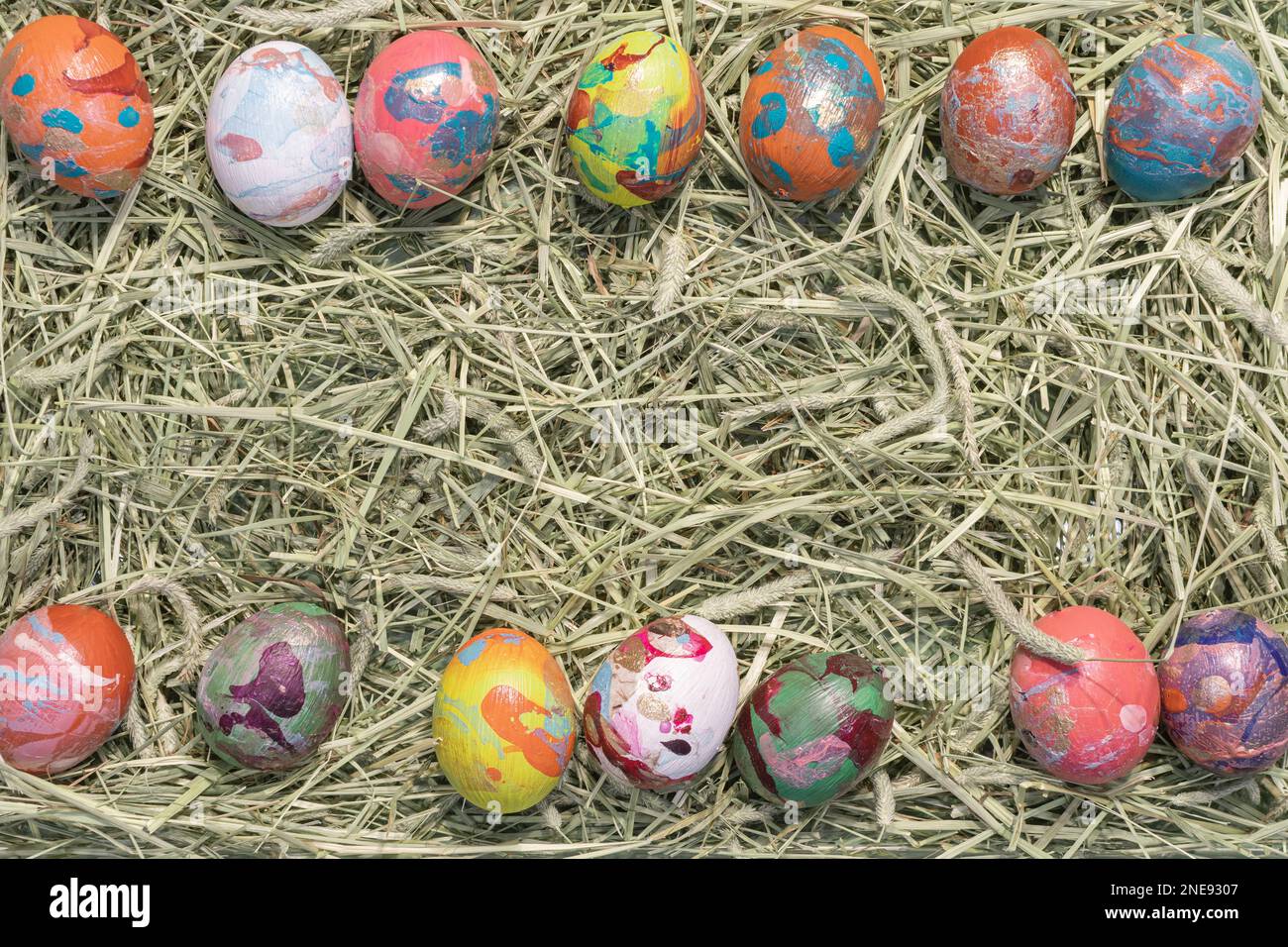 Easter composition with colorful chicken eggs. Easter party concept ...