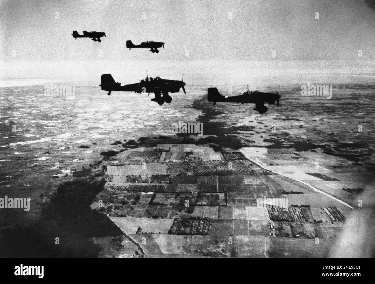 This picture shows Nazi Stuka bombers in flight heading towards their ...