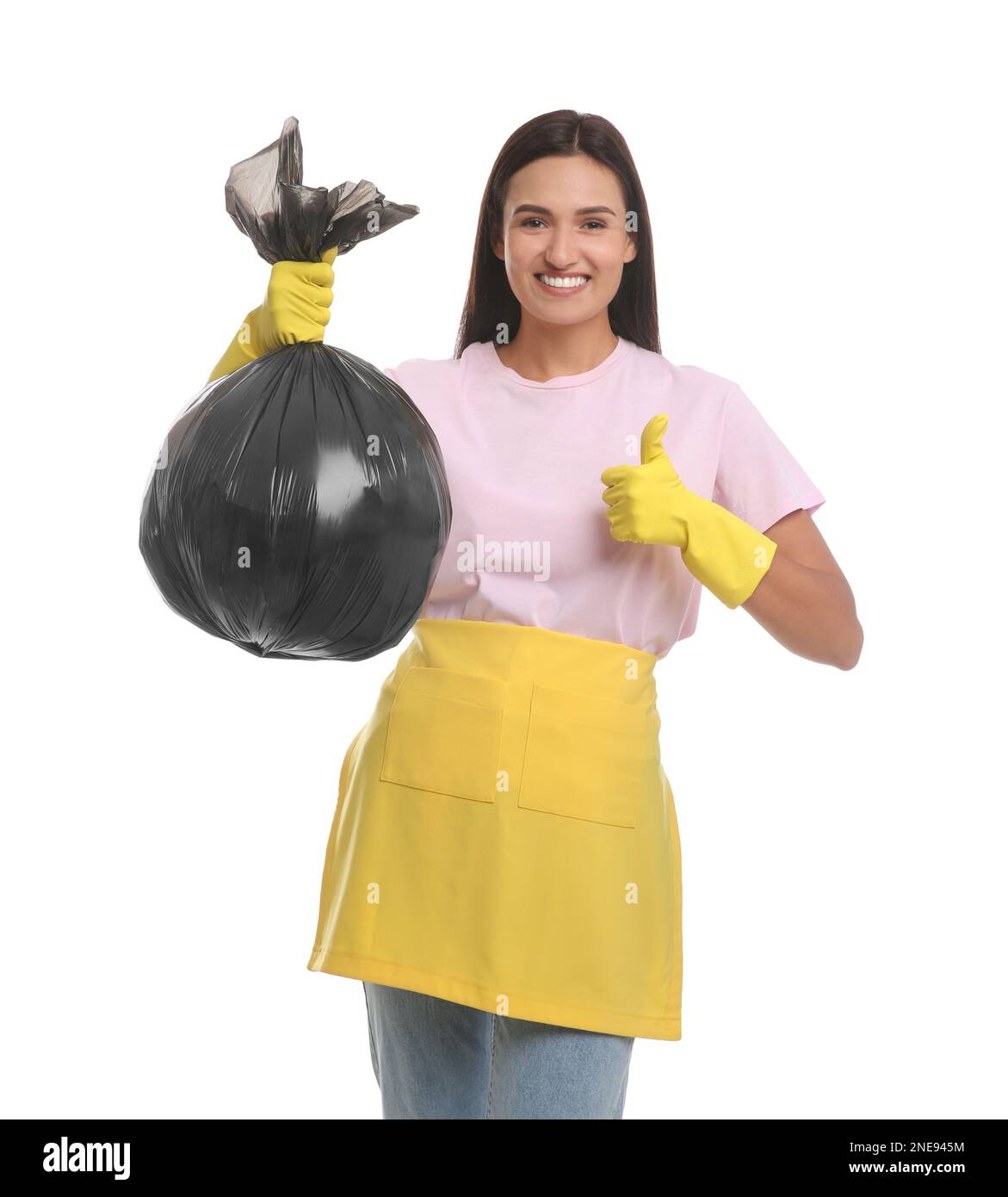 Woman holding full garbage bag on white background Stock Photo - Alamy