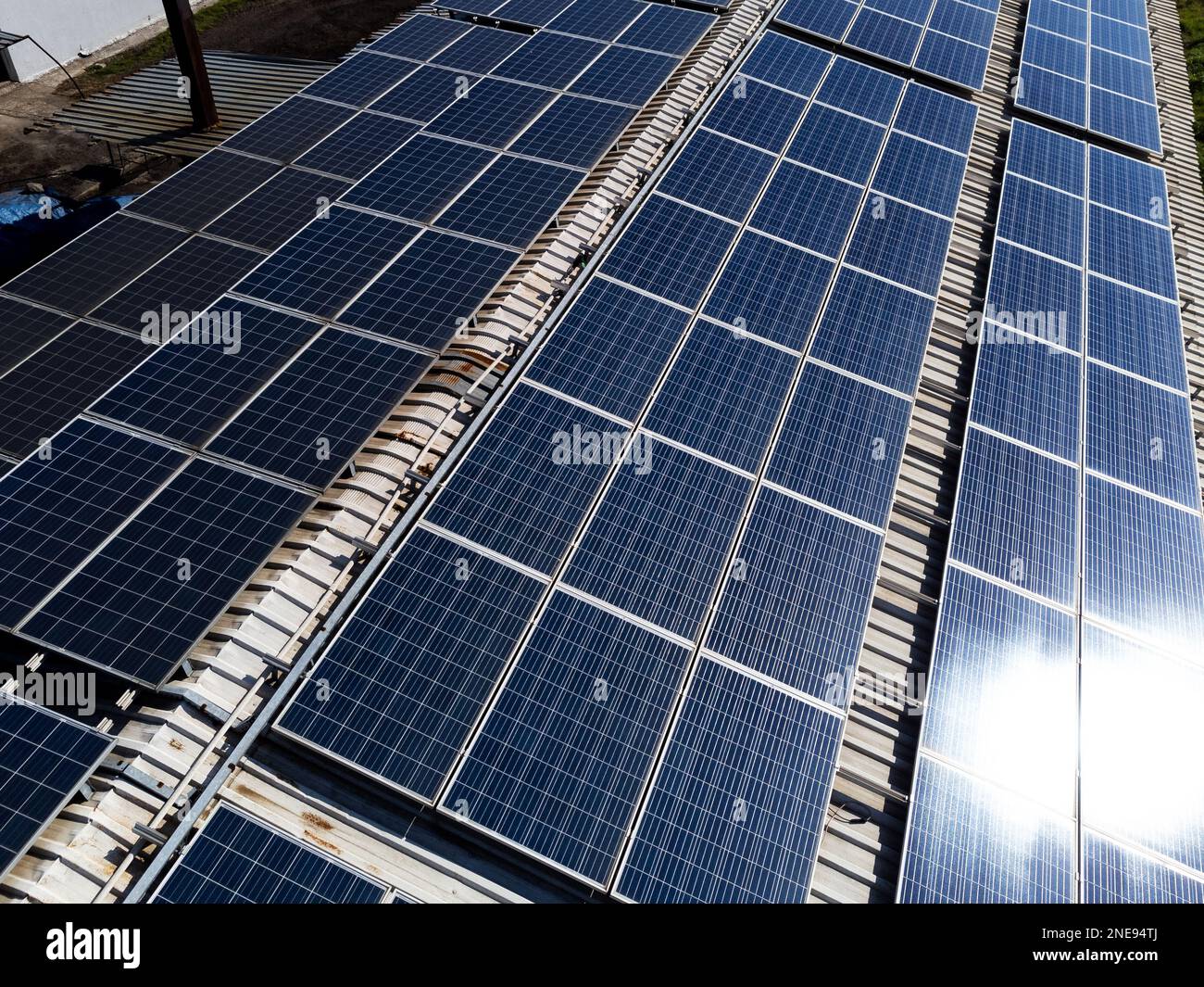 Close up shot of solar panels via a drone Stock Photo - Alamy