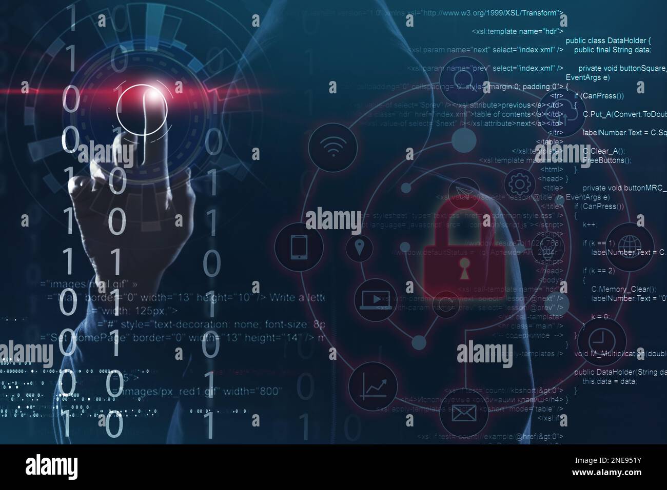 Man in hood and digital code on dark background. Cyber attack concept ...