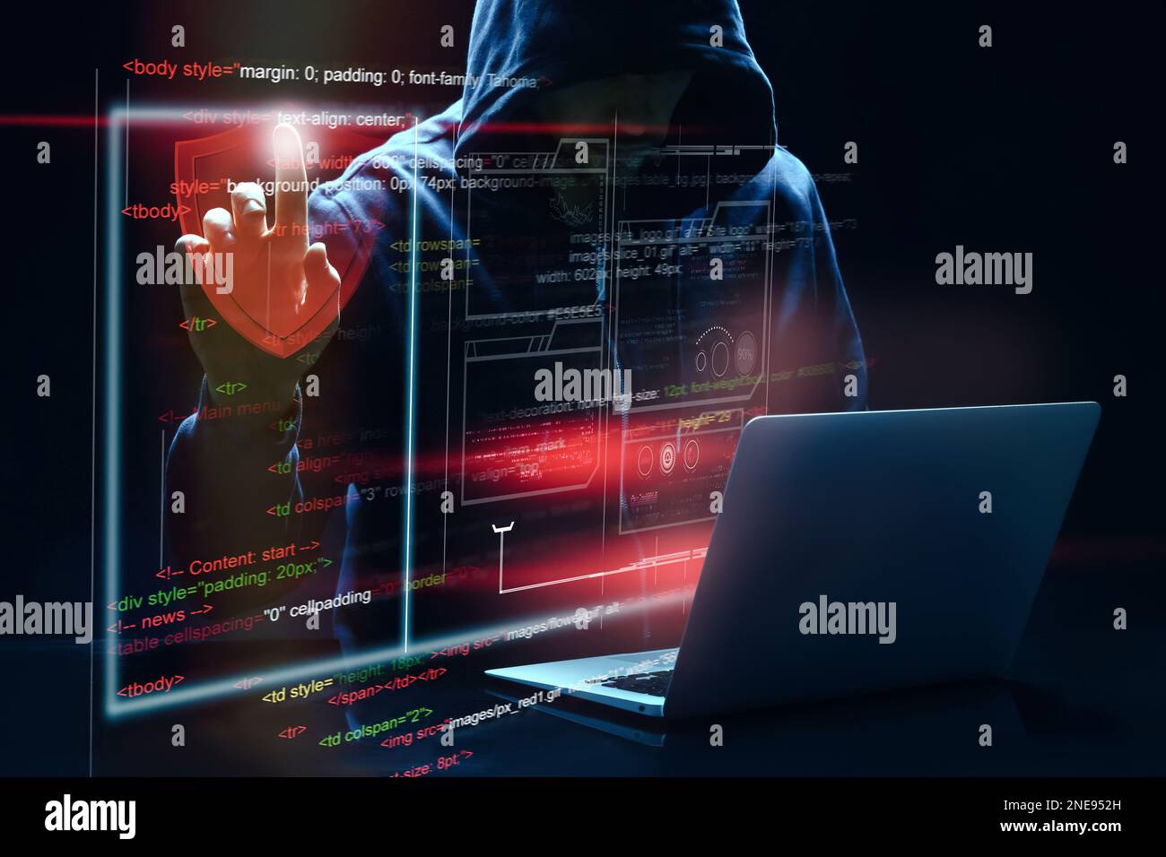 Man with laptop and digital code on dark background. Cyber attack ...