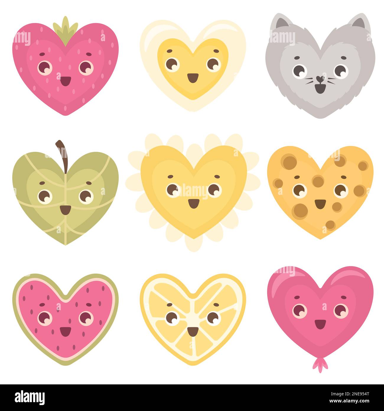Set of food, plants and objects in shape of heart. Kawaii characters ...