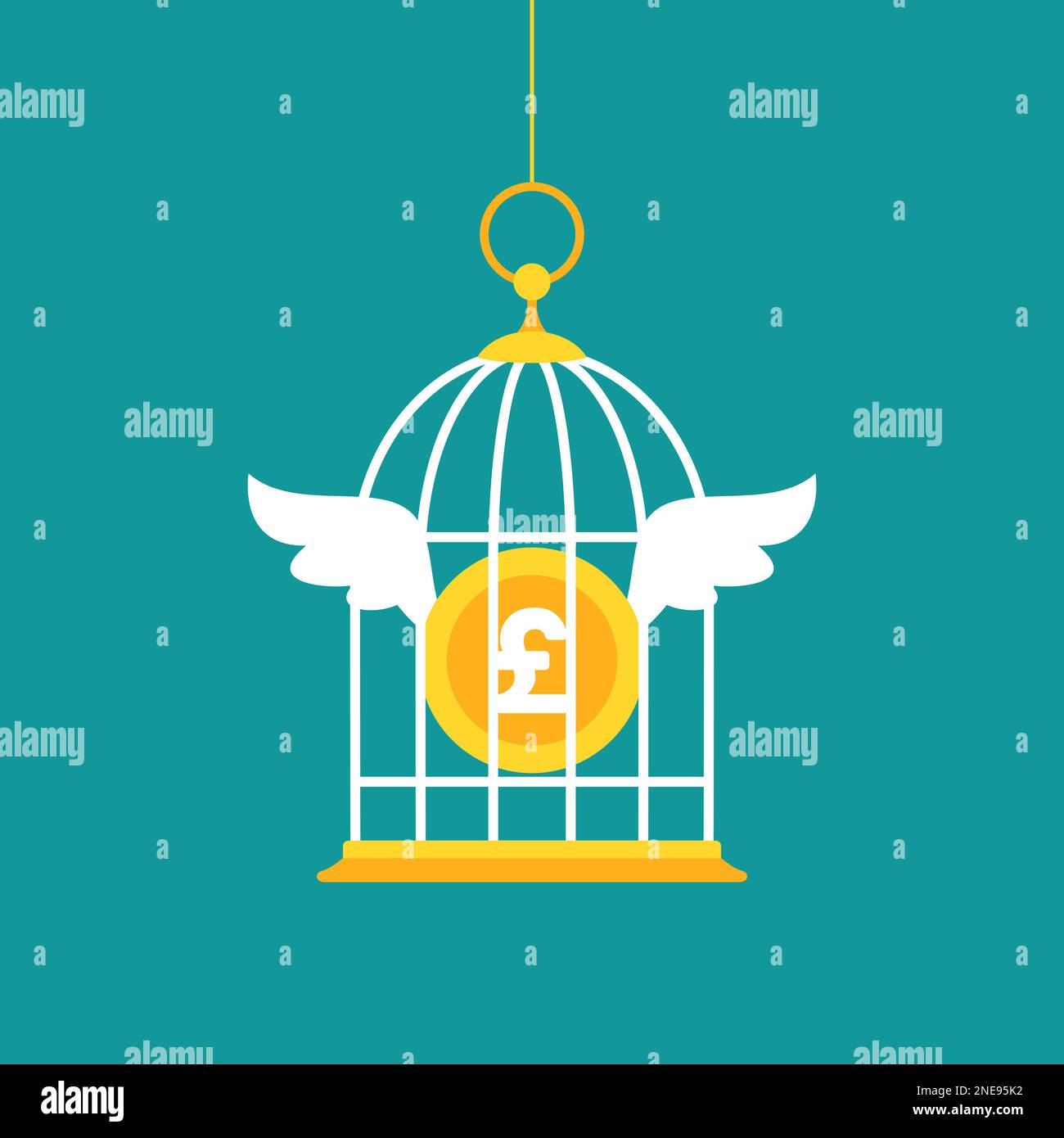 Locked golden bird cage and golden pound sterling coin with wings. Trap ...