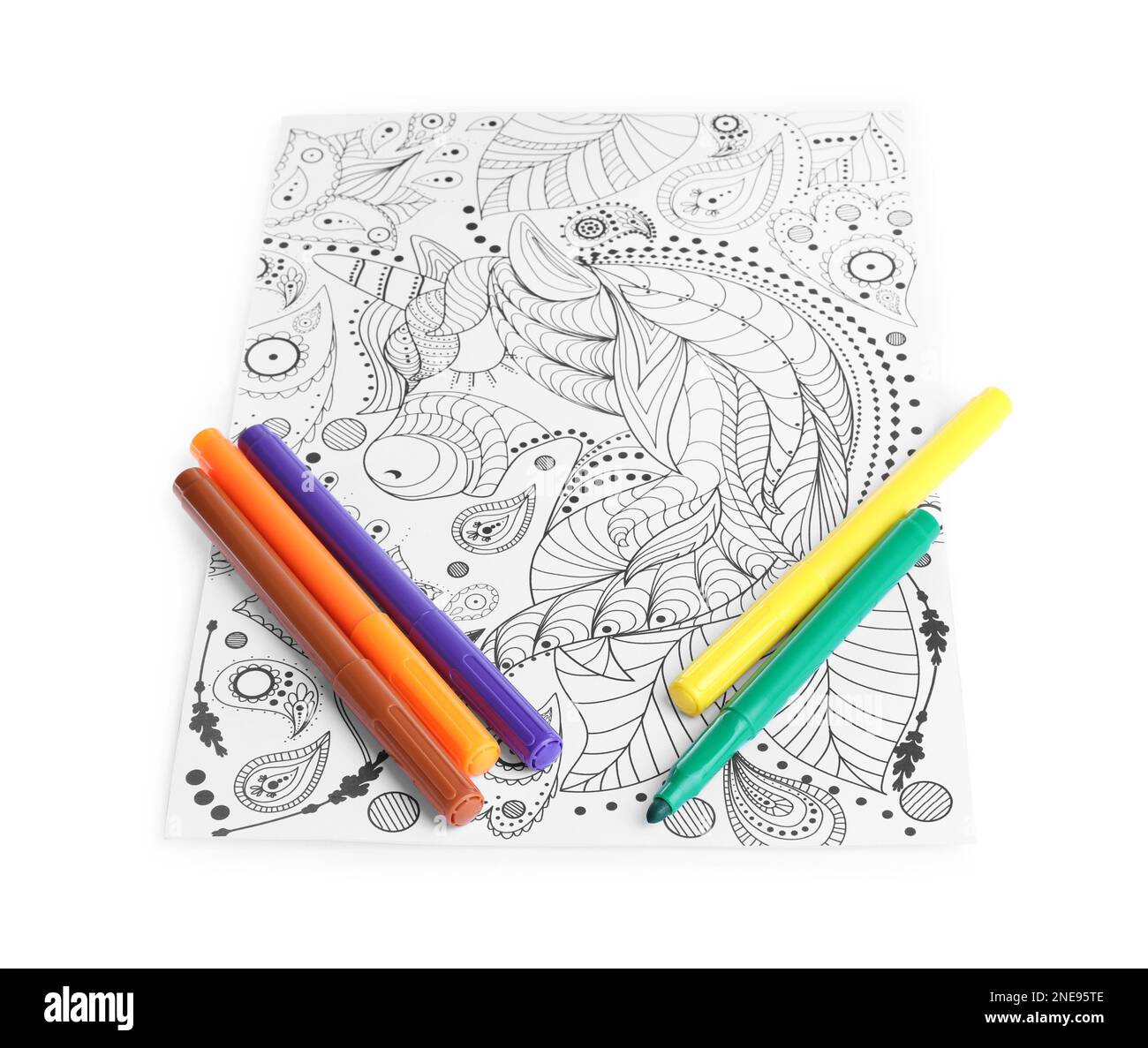 Antistress coloring page and felt tip pens on white background Stock ...