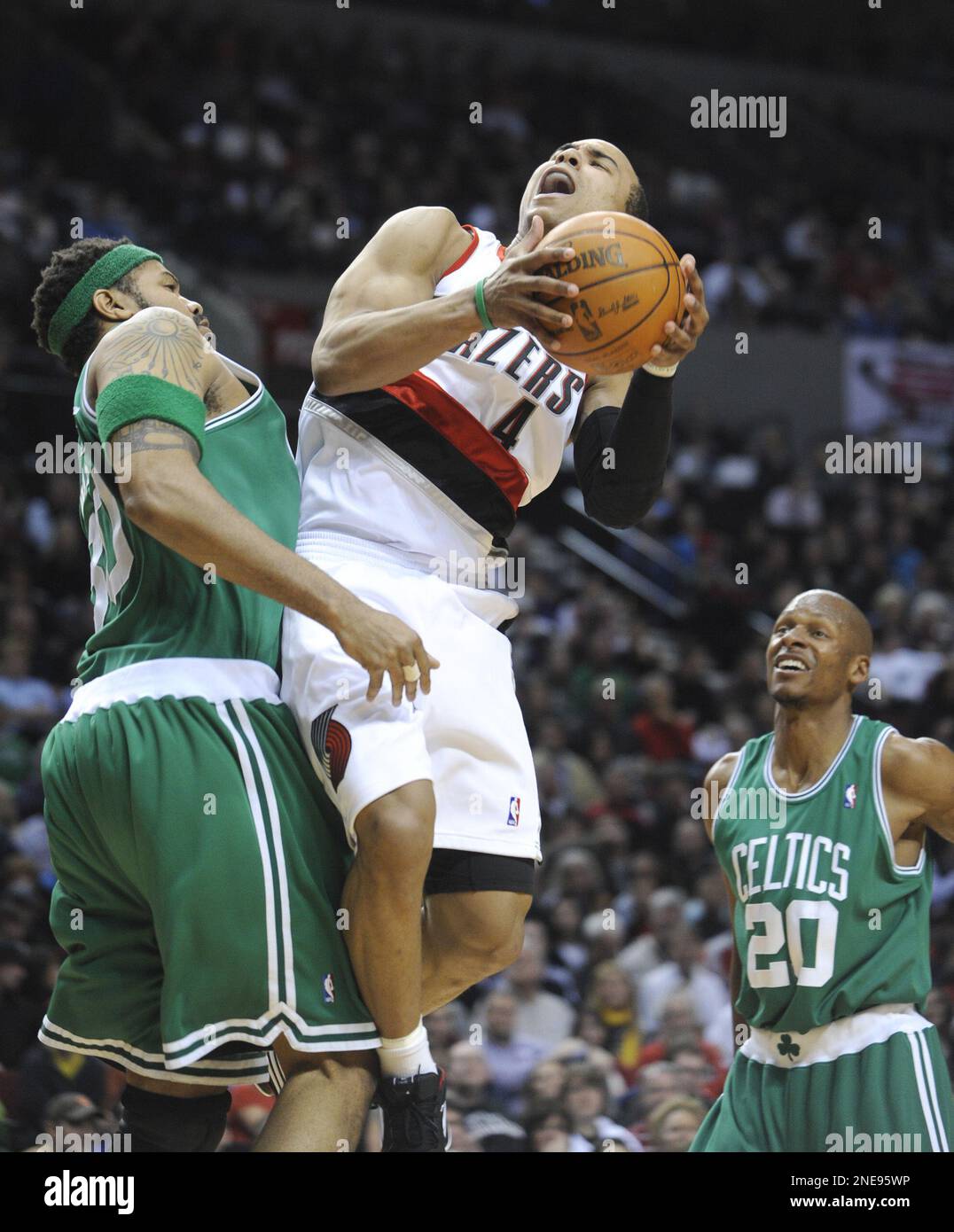 Boston Celtics' Rasheed Wallace (30) with Ray Allen (20) defends a shot ...