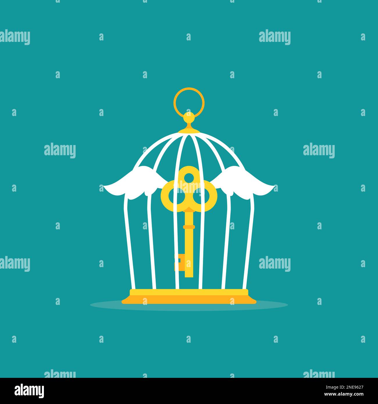 Locked golden bird cage with golden vintage key with wings. Limitation ...