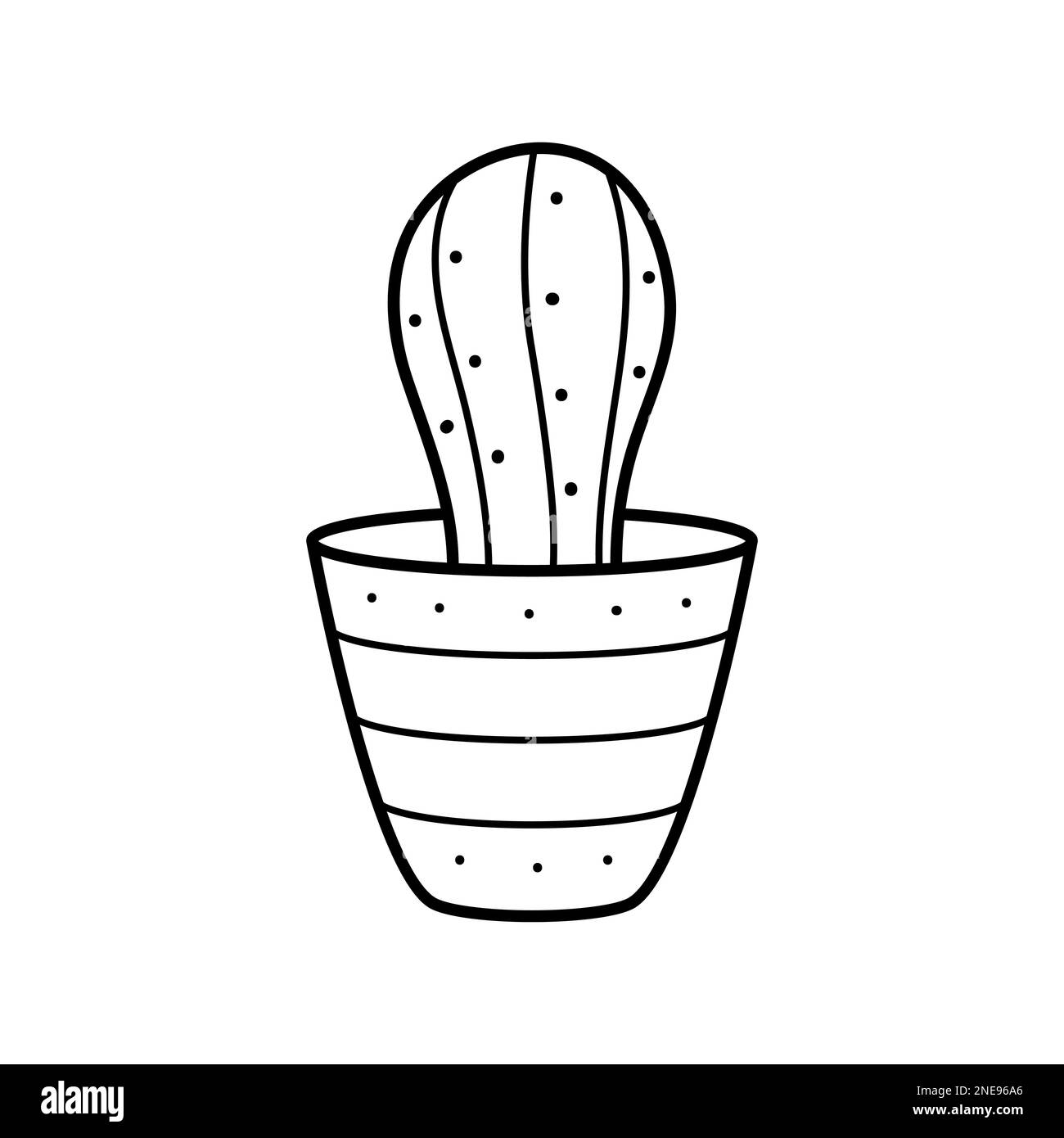 A beautiful linear cactus in a pot. House plant in doodle style. Simple ...