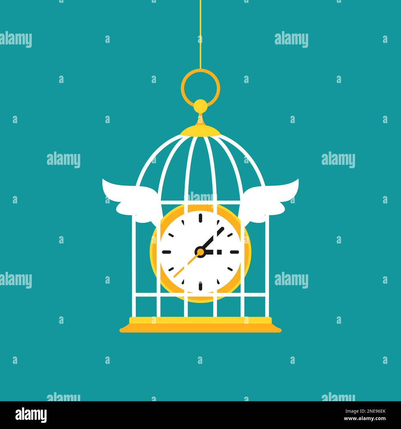 Locked golden bird cage and golden clock with wings. Trap, imprisonment ...