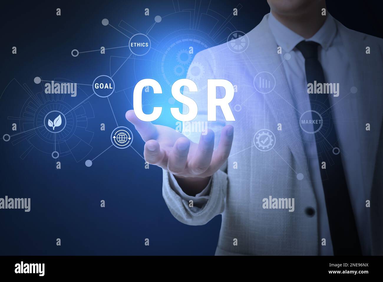 Corporate social responsibility concept. Man demonstrating digital ...