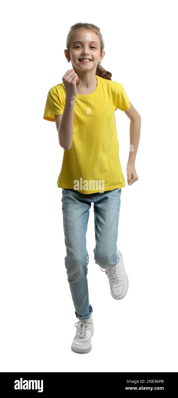Cute little girl running on white background Stock Photo - Alamy
