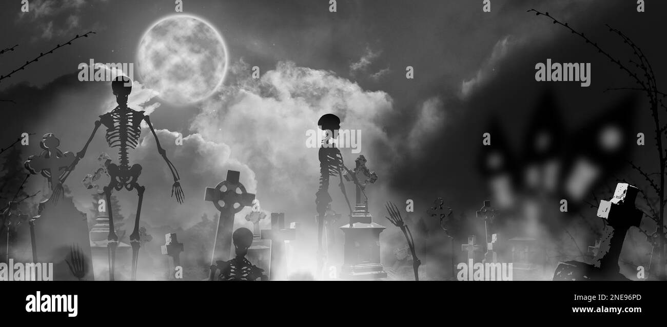 Scary skeletons at misty cemetery in night. Banner design Stock Photo ...
