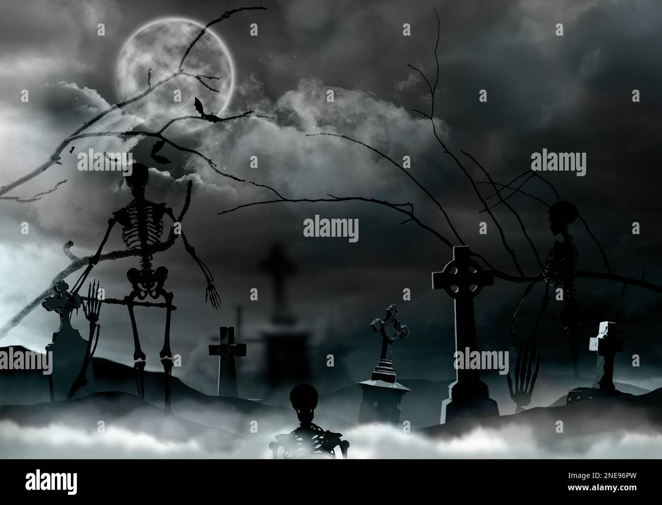 Scary skeletons at misty cemetery in night Stock Photo - Alamy