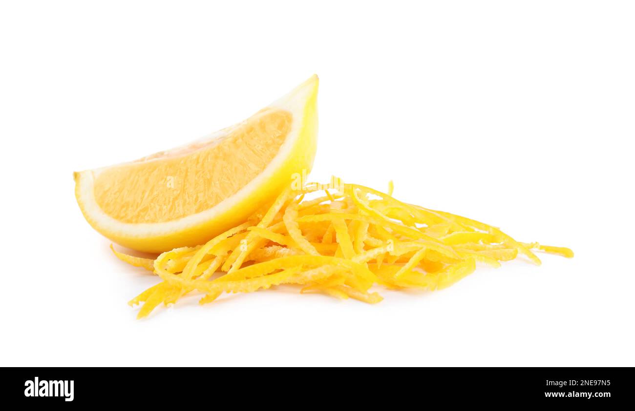 Grated lemon zest and fresh fruit on white background Stock Photo - Alamy