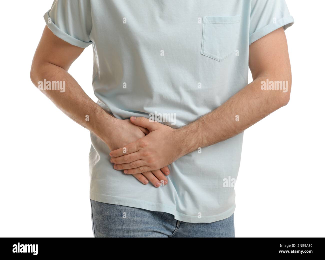 Man suffering from acute appendicitis on white background, closeup ...