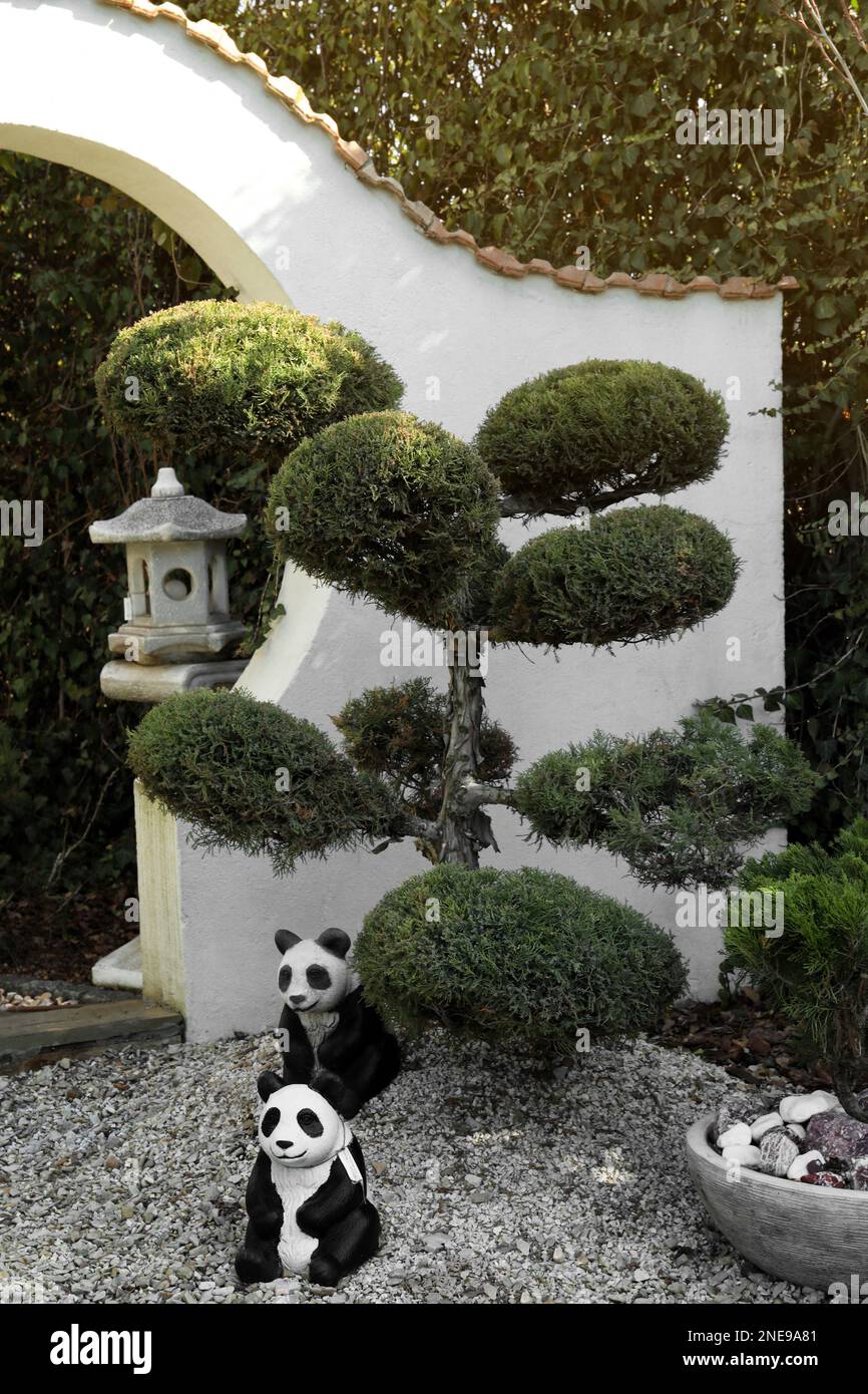 Beautiful Bonsai tree with panda sculptures in garden Stock Photo - Alamy