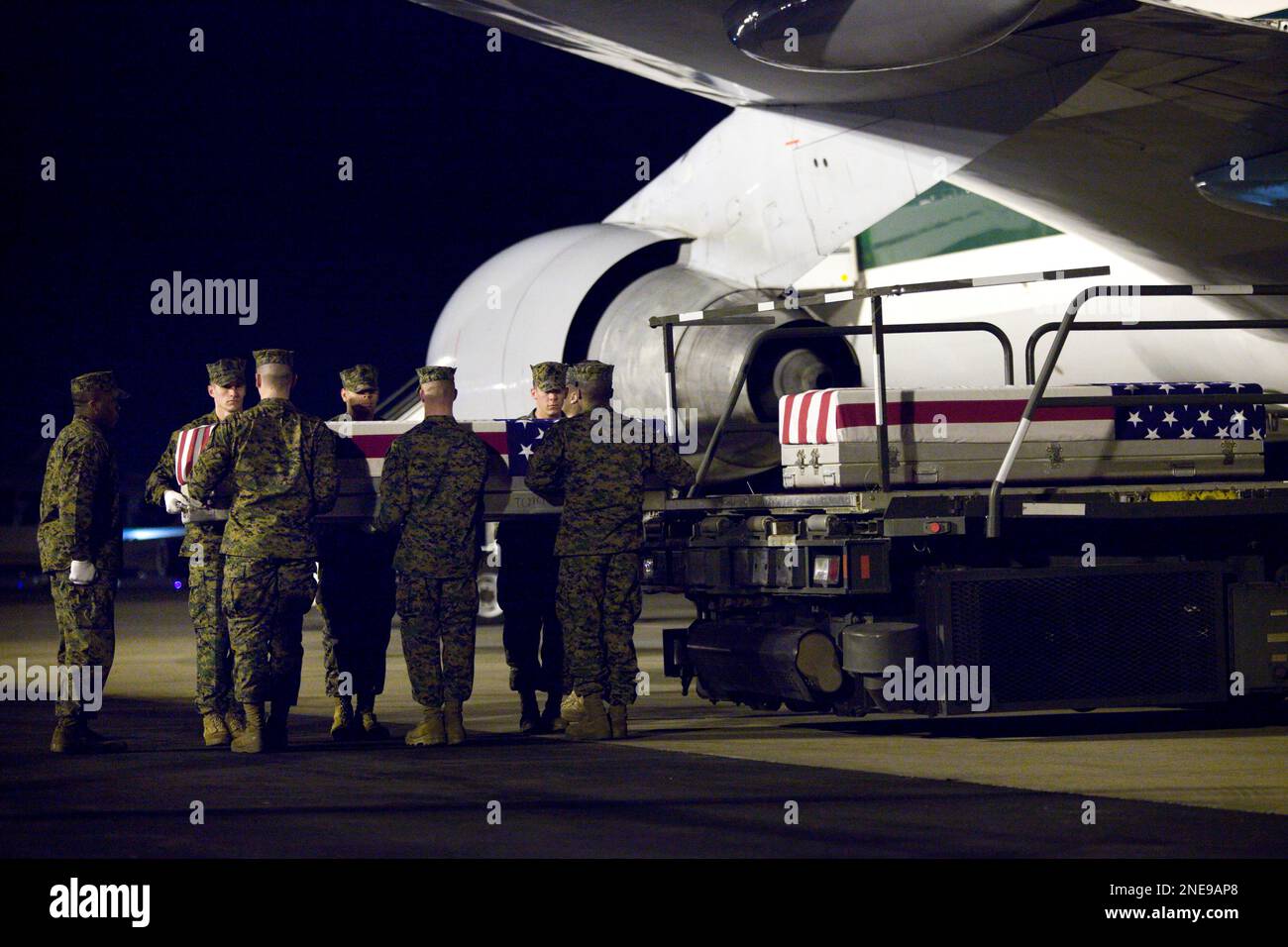 A Marine carry team carries a transfer case containing the remains of ...