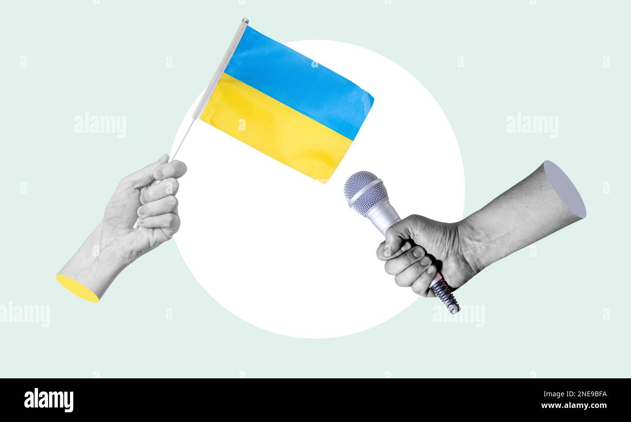 Art collage, collage of a hand holding the flag of Ukraine, microphone ...