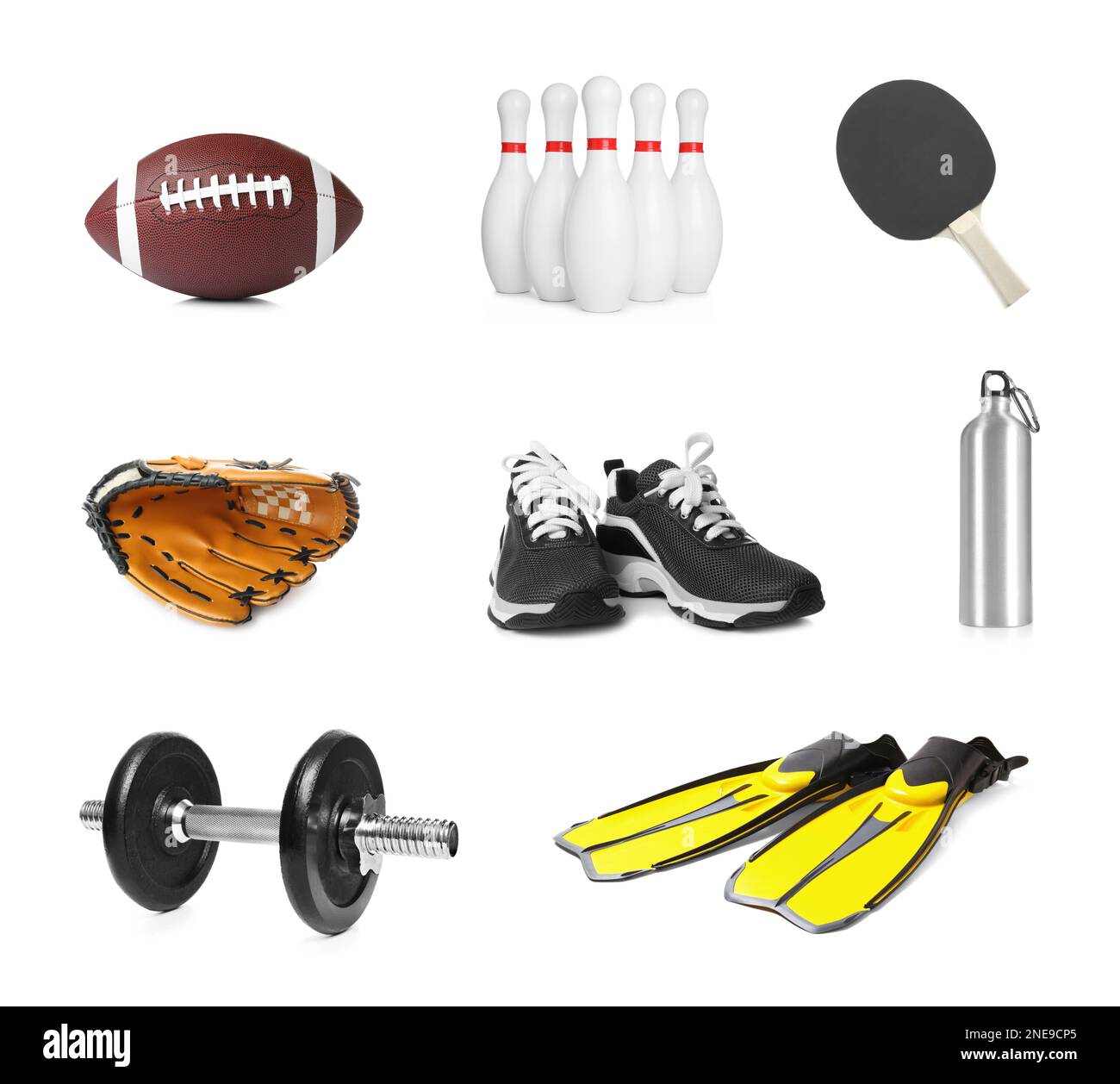 Set with different sports tools on white background Stock Photo - Alamy