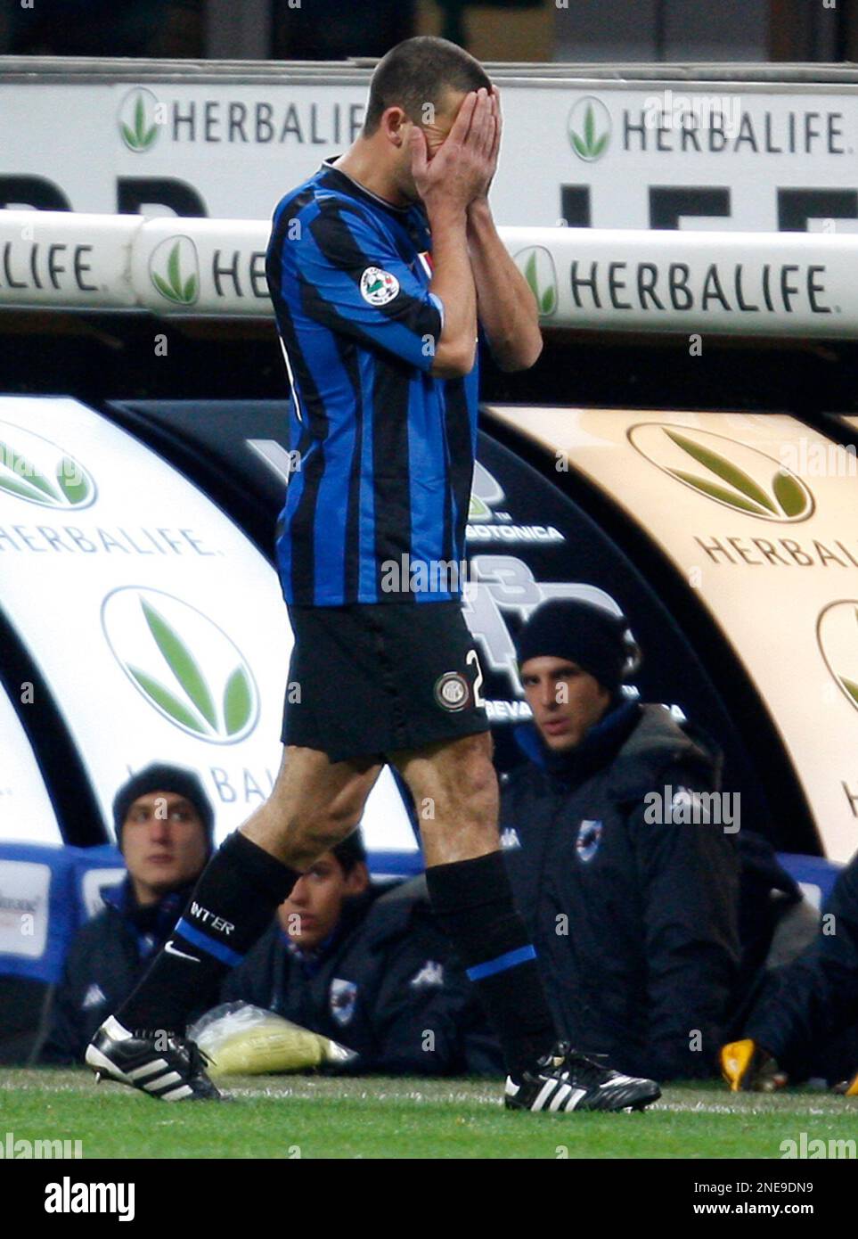 Inter Milan Argentine defender Walter Samuel reacts after receiving a ...