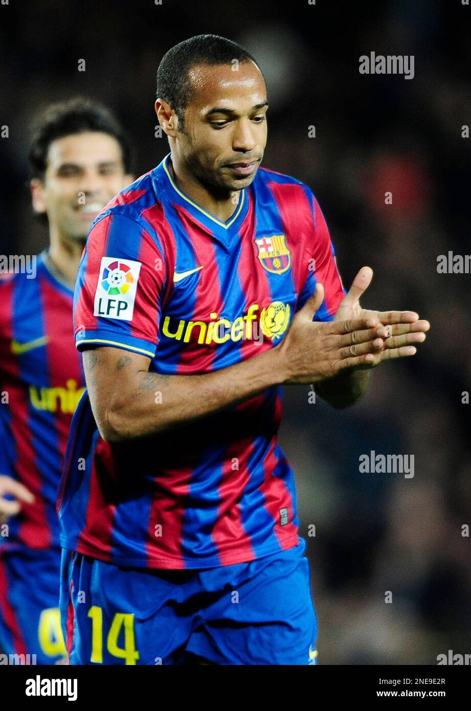 FC Barcelona's Thierry Henry of France reacts after scoring against ...