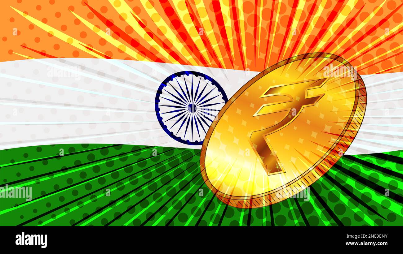 Gold coin with indian currency Rupee INR sign and the flag of India ...