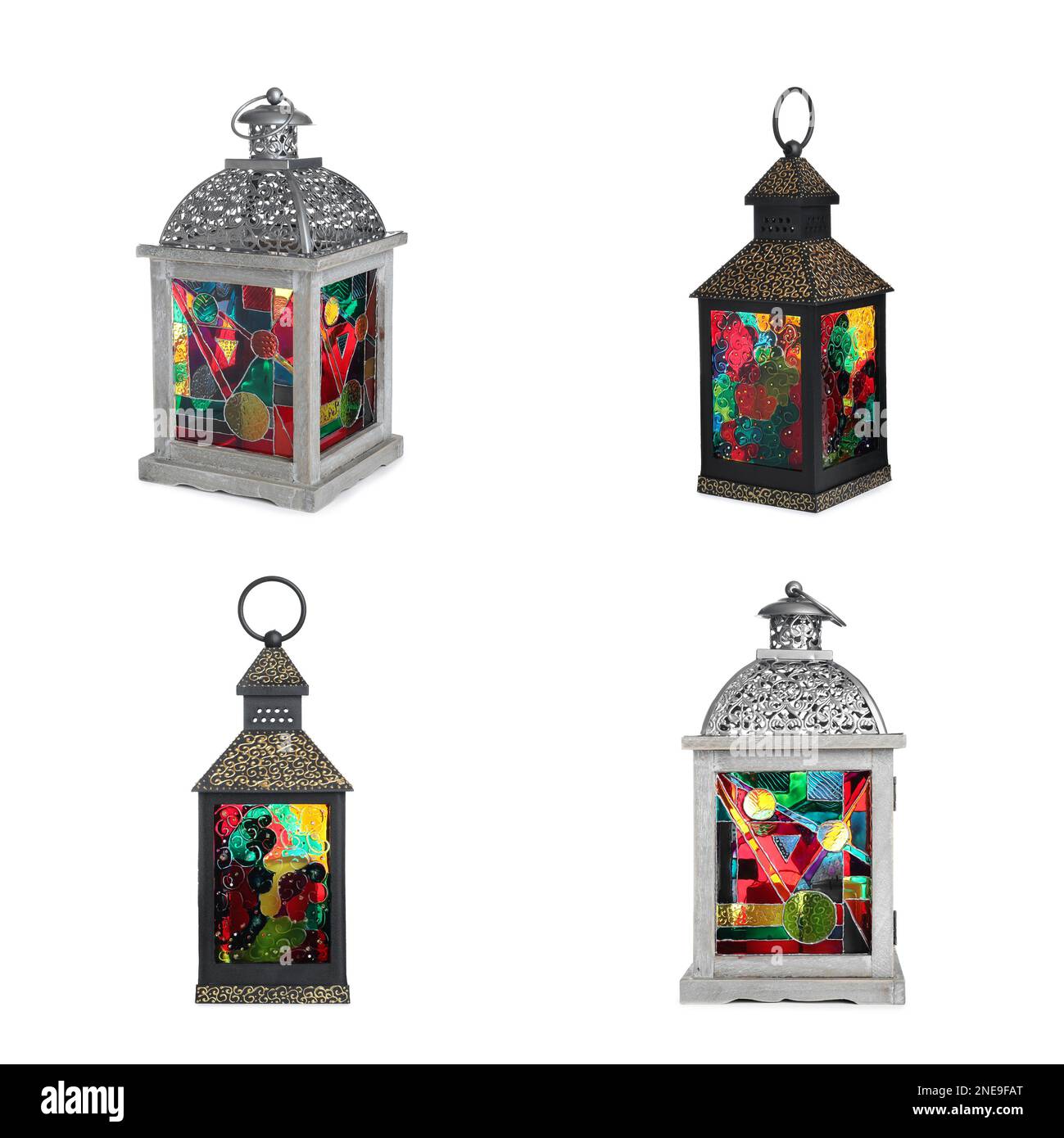 Set with different traditional Arabic lanterns on white background ...
