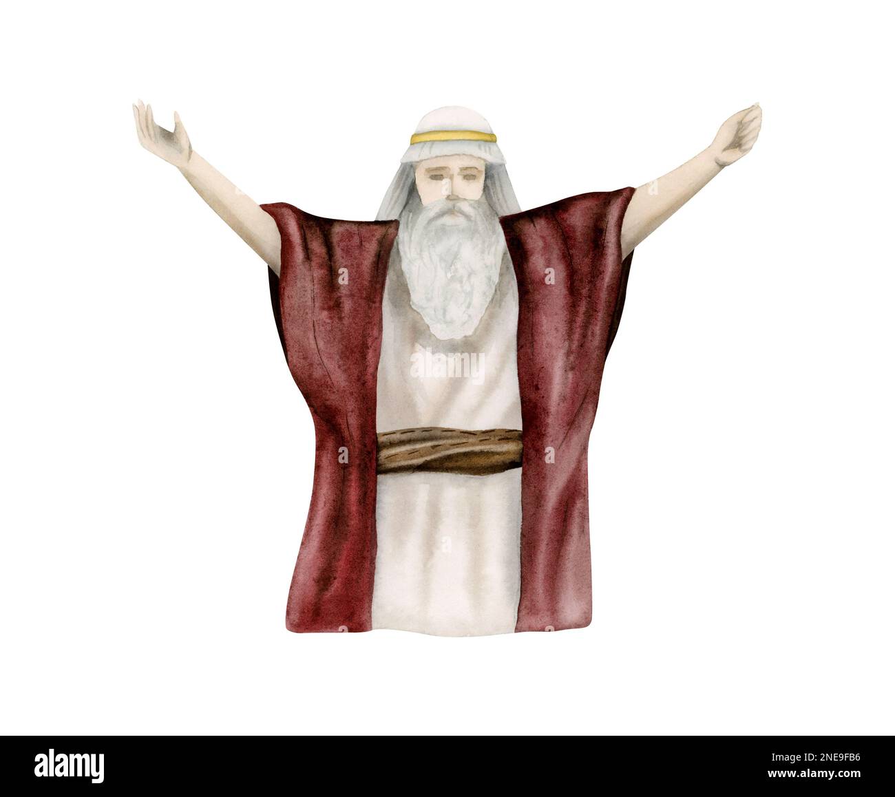 Watercolor Moses portrait with raised hands for separating Red sea in ...
