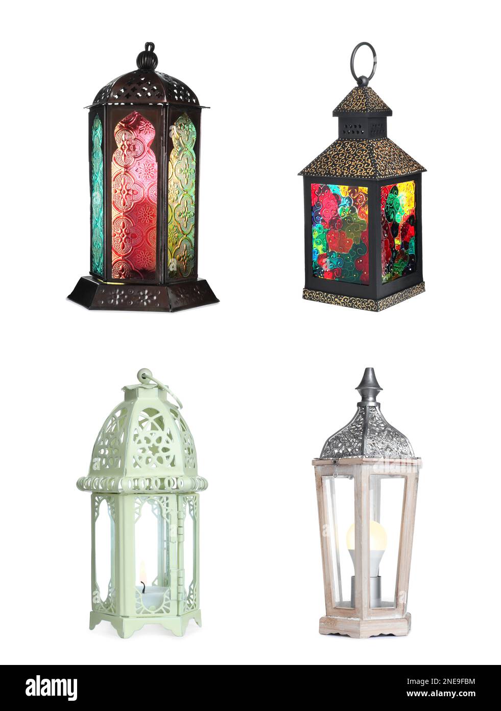 Set with different traditional Arabic lanterns on white background ...
