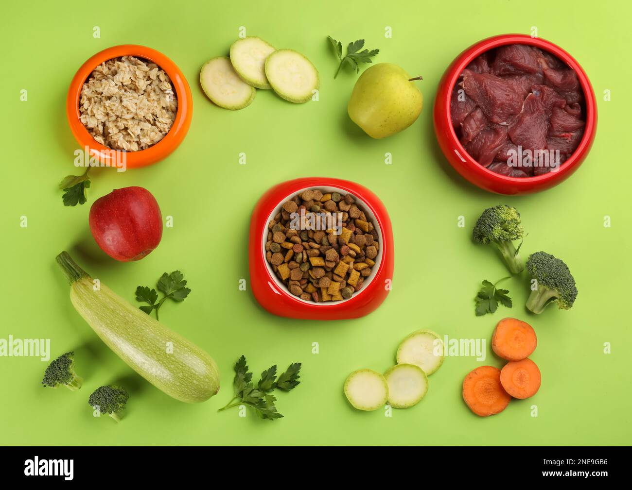 Pet food and natural ingredients on green background, flat lay Stock ...