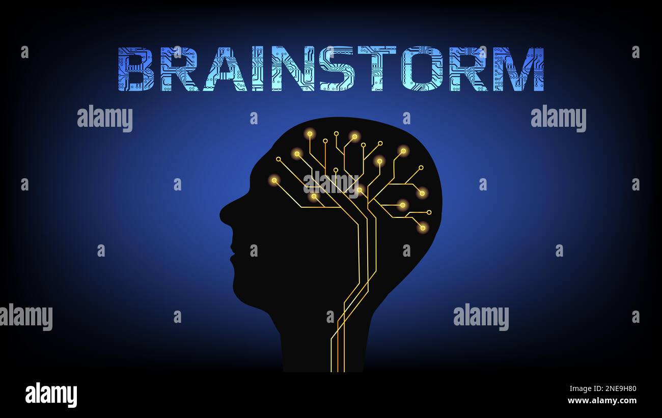 Word brainstorm and silhouette of human head with digital brain on dark ...