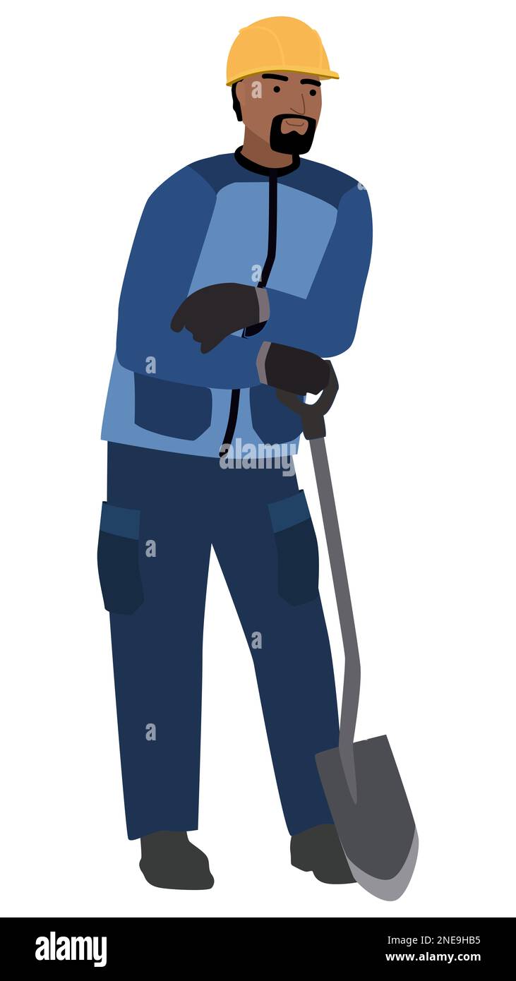 Man in work clothes and hard hat stands leaning on shovel, isolated on ...