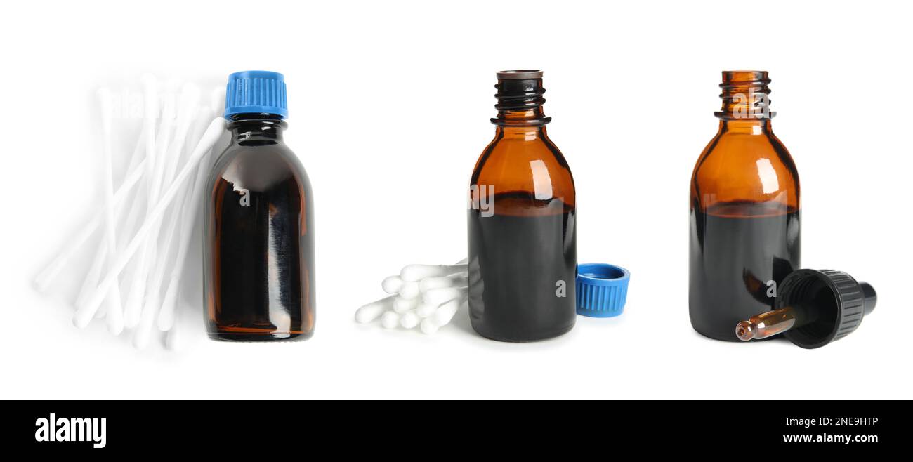 Set with bottles of medical iodine on white background. Banner design ...