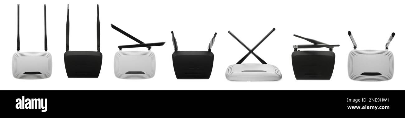 Set with modern Wi-Fi routers on white background. Banner design Stock ...