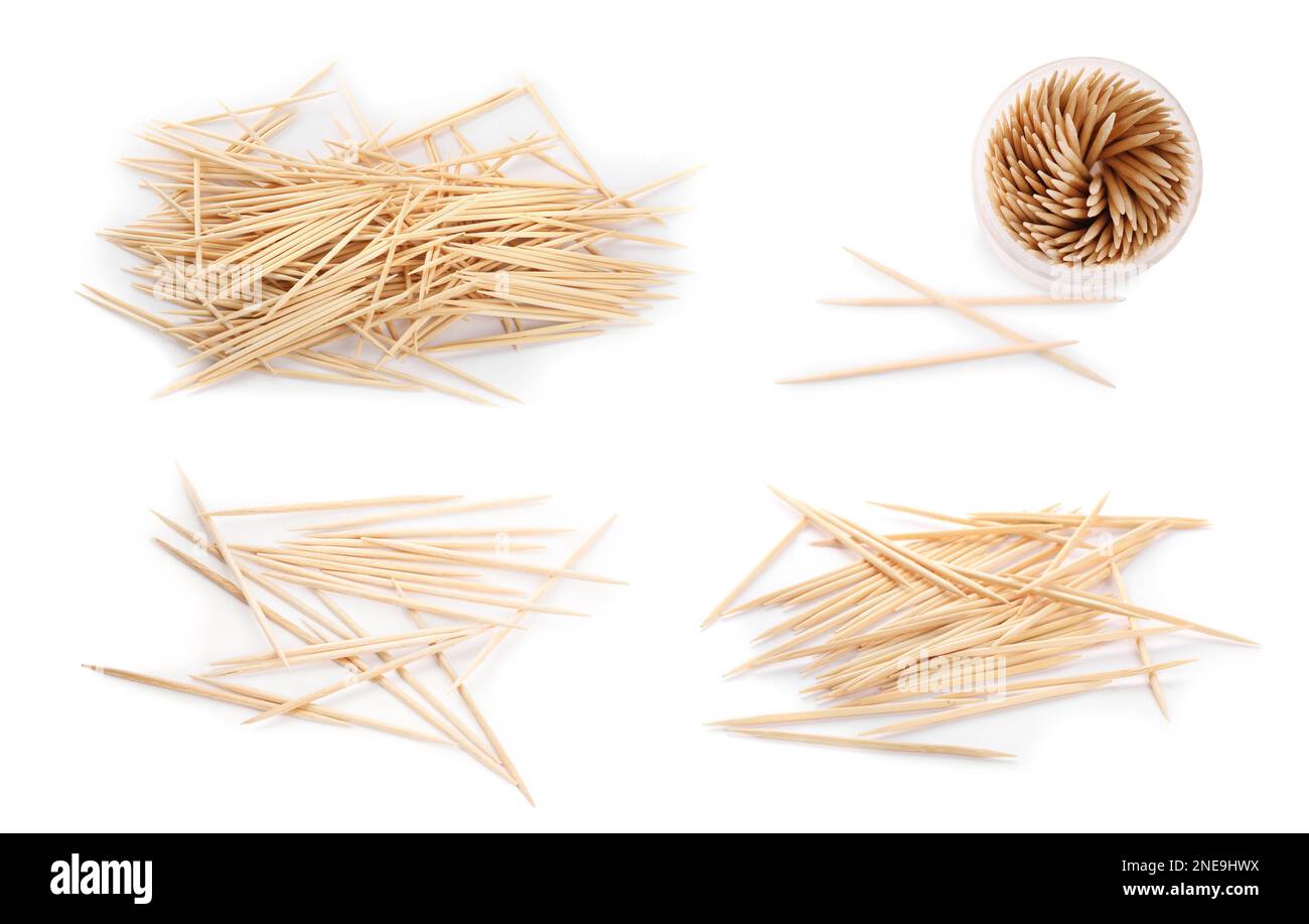 Set with wooden toothpicks on white background Stock Photo - Alamy