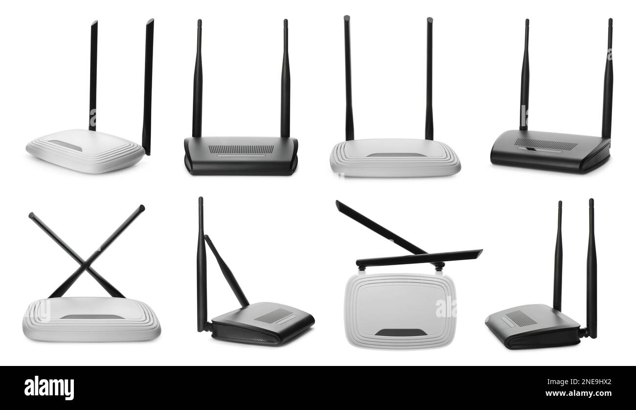 Set with modern Wi-Fi routers on white background. Banner design Stock ...