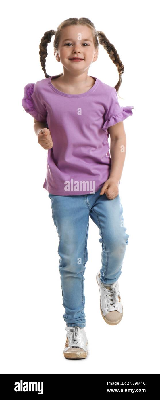 Cute little girl running on white background Stock Photo - Alamy