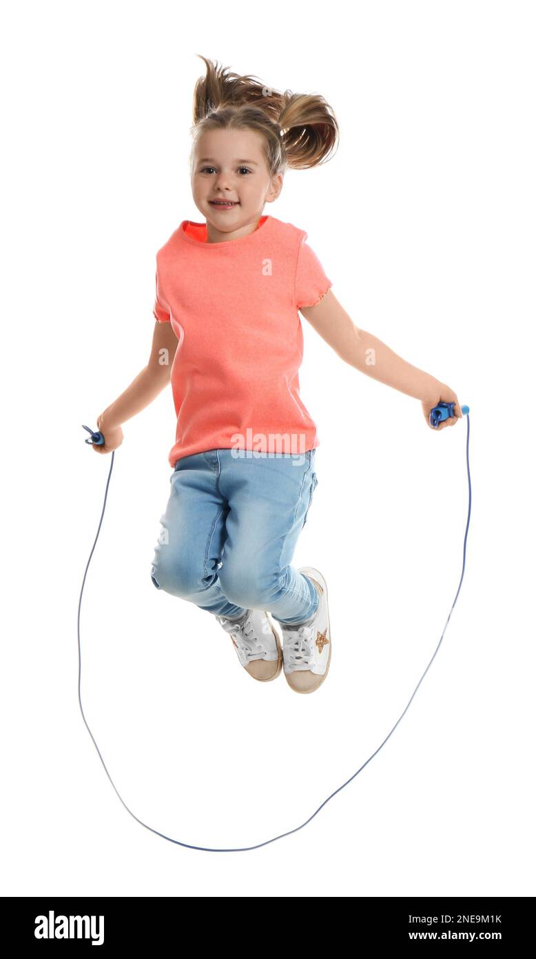 Cute little girl with jump rope on white background Stock Photo - Alamy