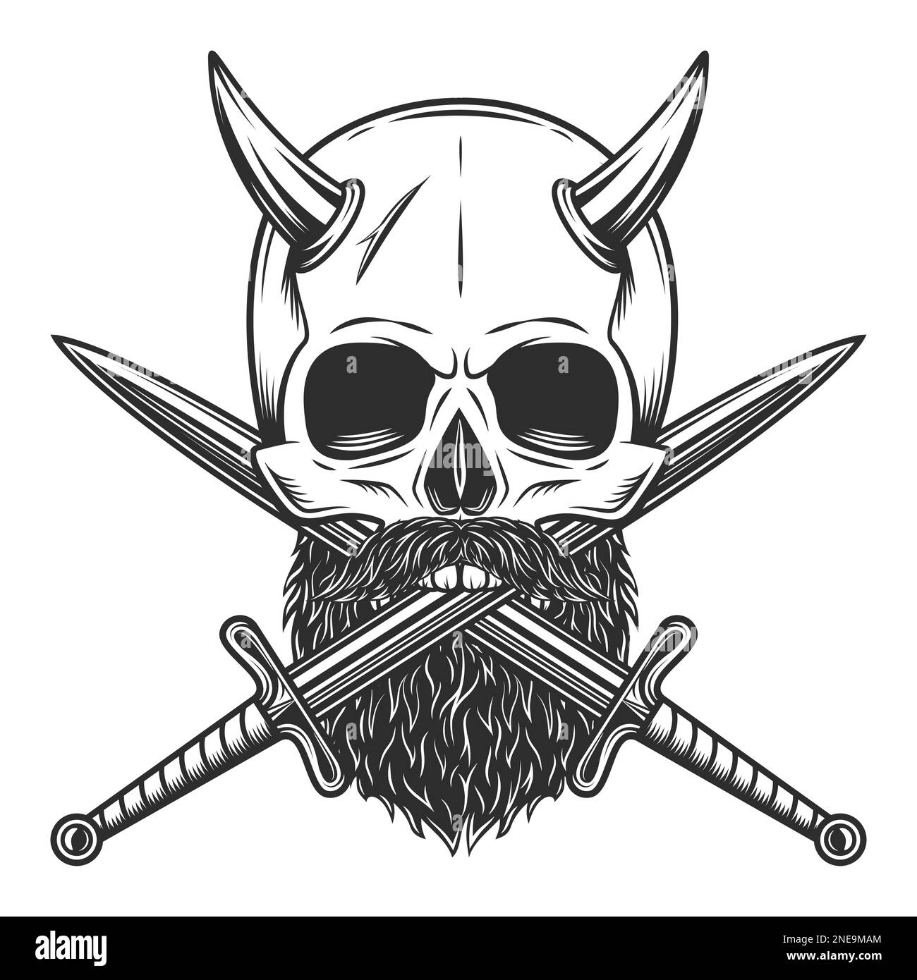Skull with mustache and beard and horn with crossed sword Isolated on ...