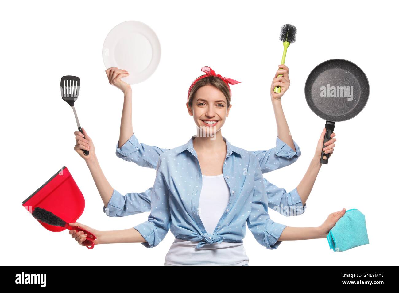 Multitask housewife with many hands holding different stuff on white ...