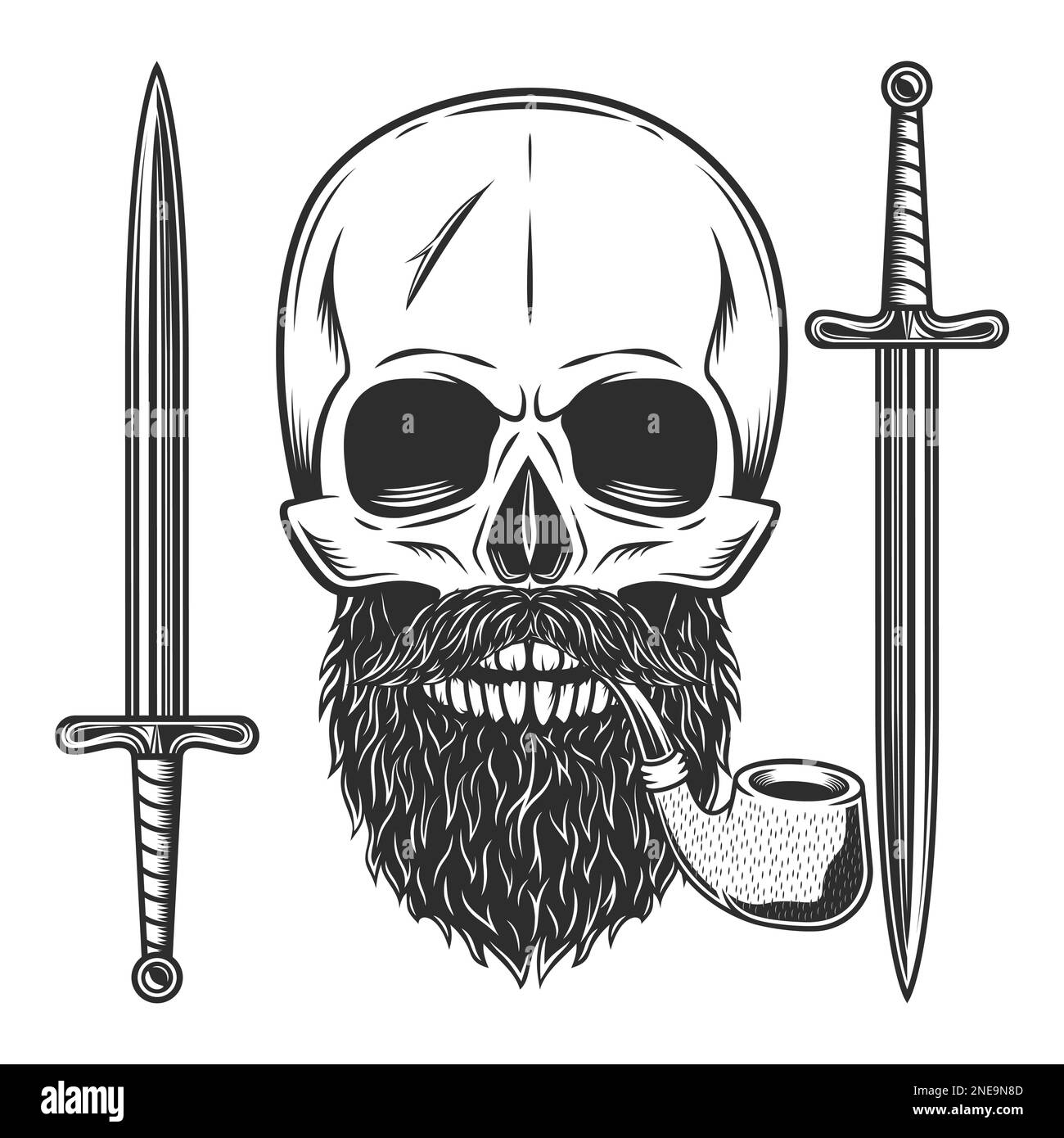 Skull smoking pipe with mustache and beard and sword Isolated on white ...