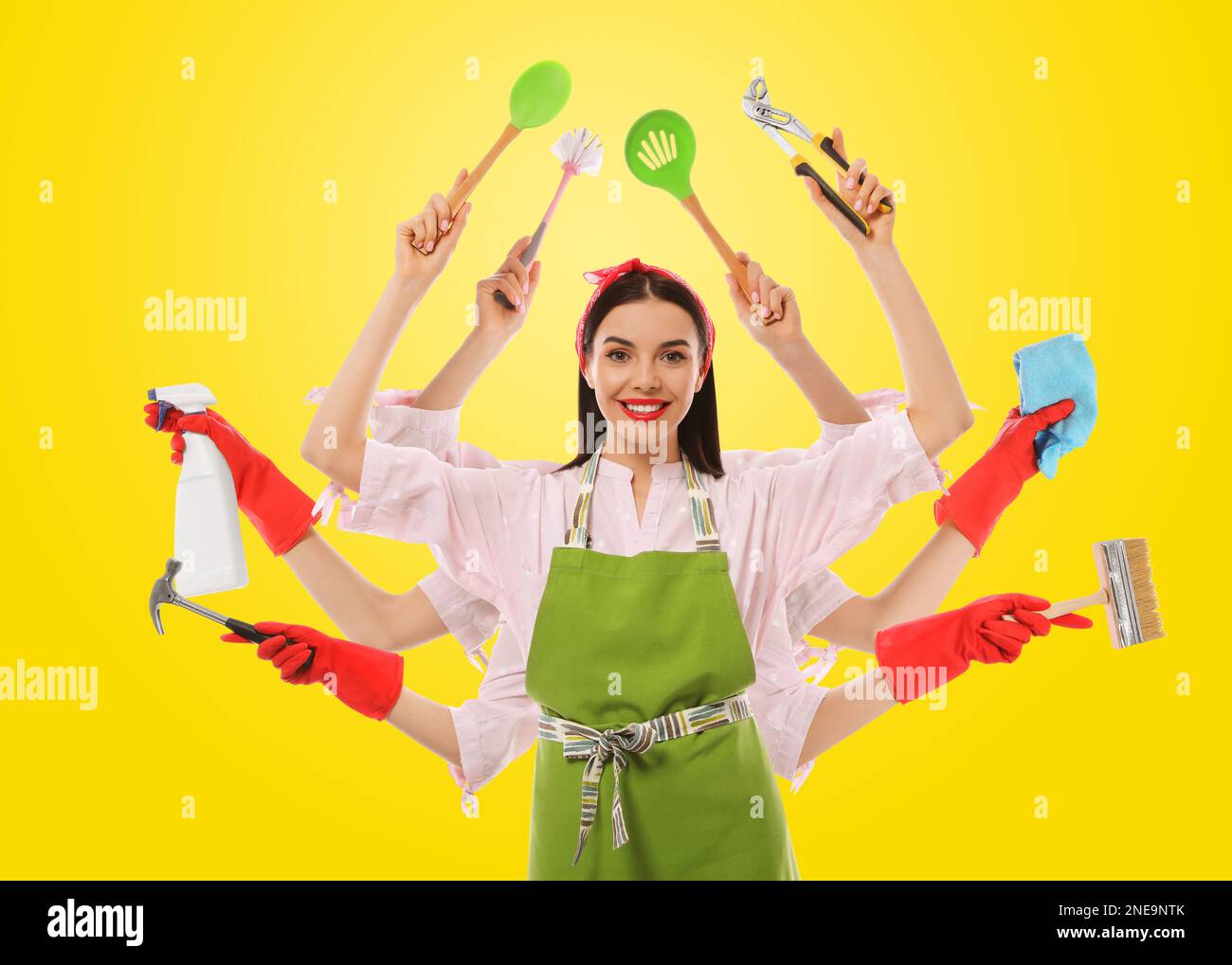 Multitask housewife with many hands holding different stuff on yellow ...