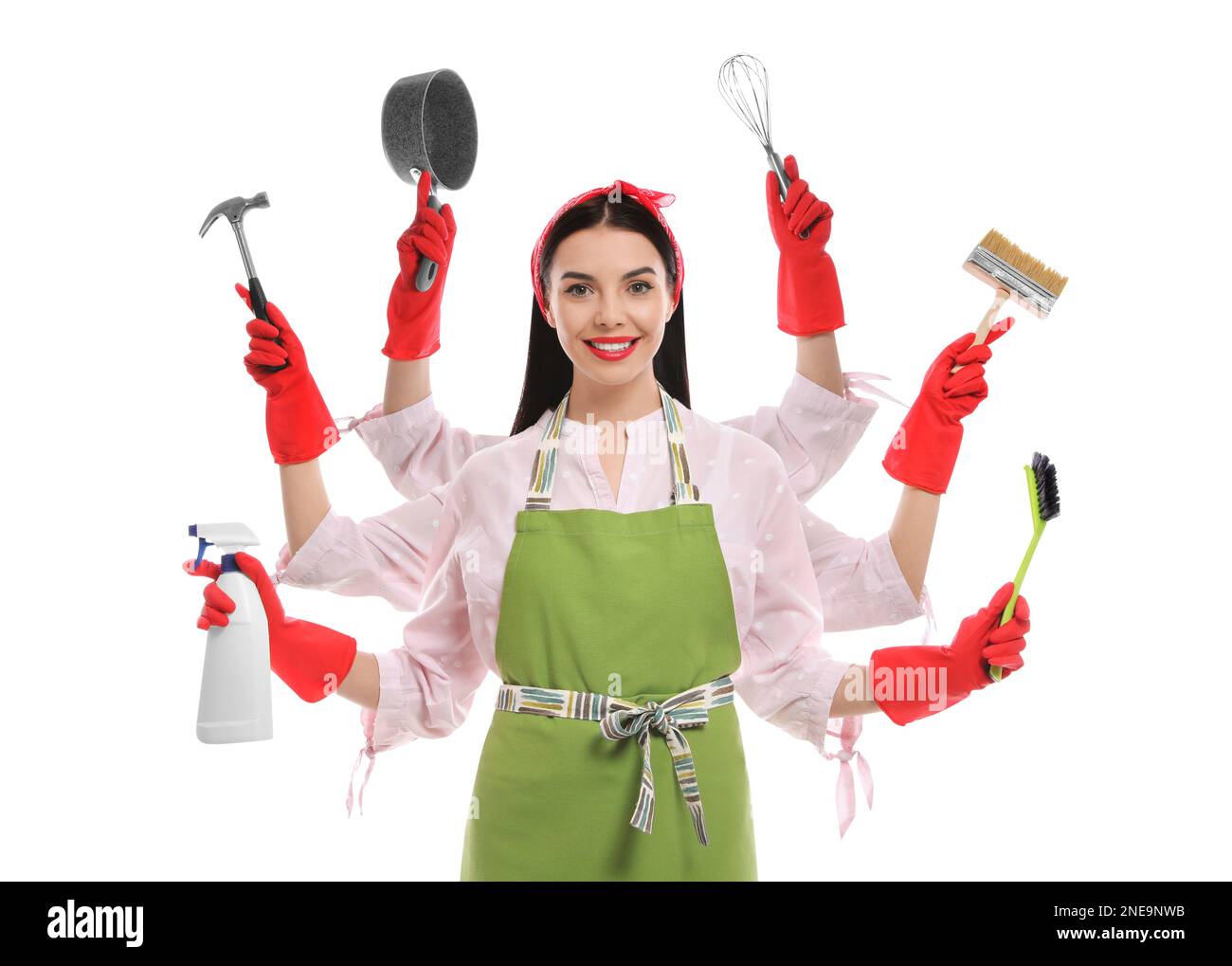 Multitask housewife with many hands holding different stuff on white ...