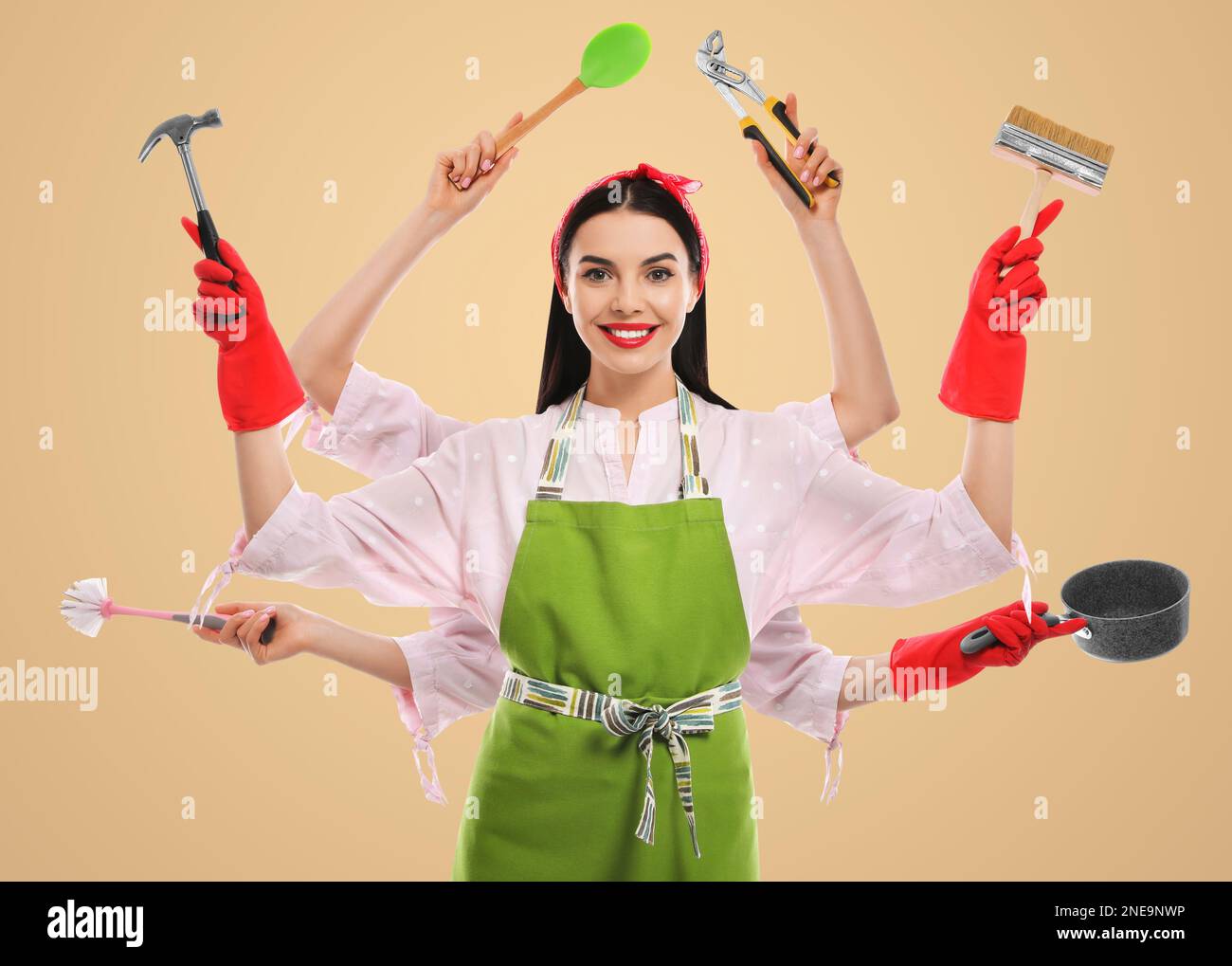 Multitask housewife with many hands holding different stuff on beige ...