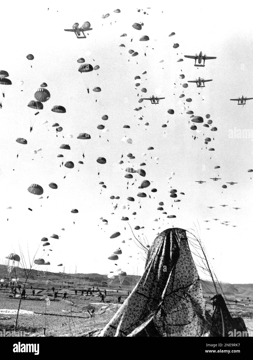 Paratroopers of the 187th Airborne Regimental combat team are dropped ...