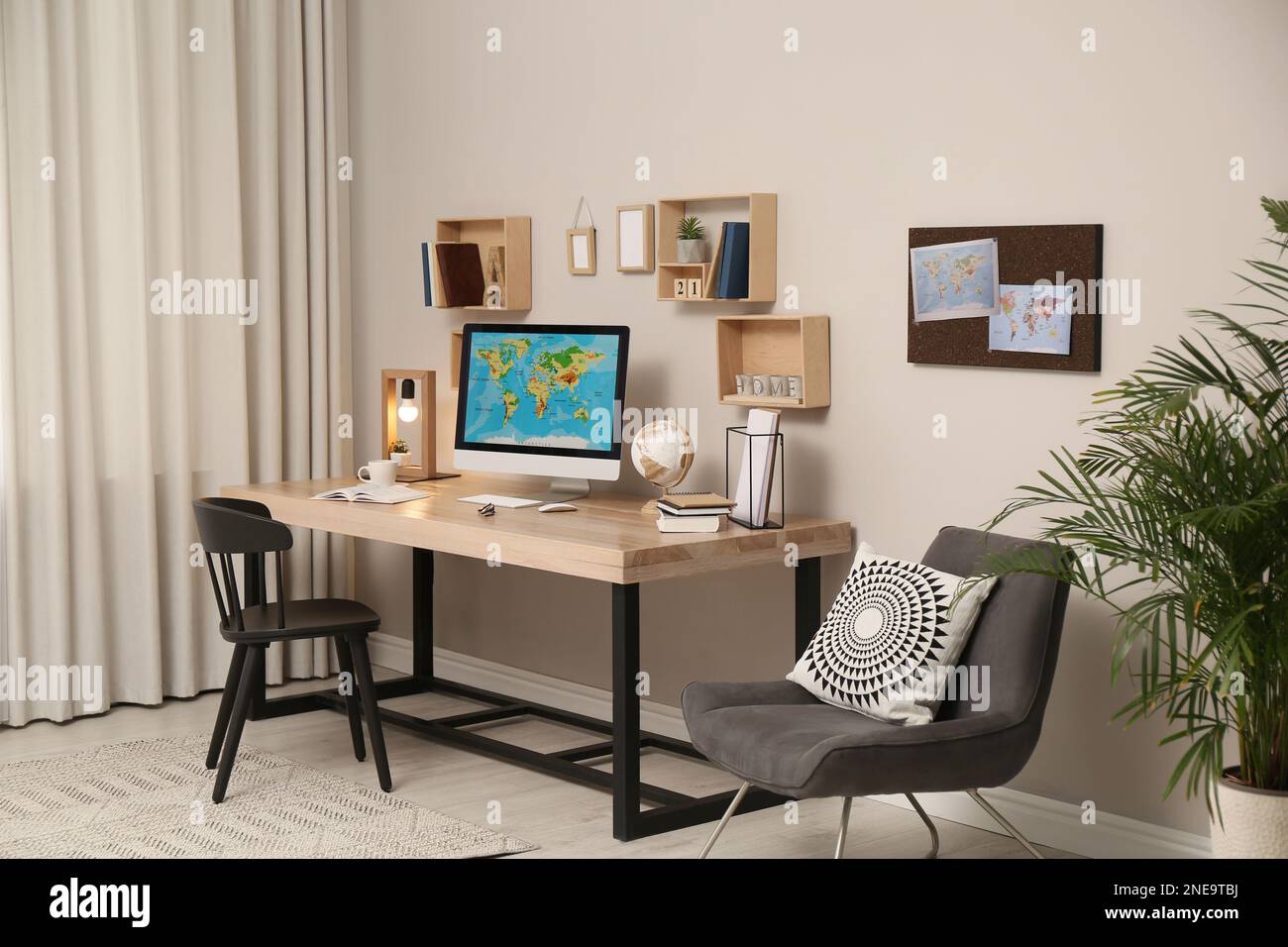 Room interior with comfortable workplace. Modern computer on wooden ...
