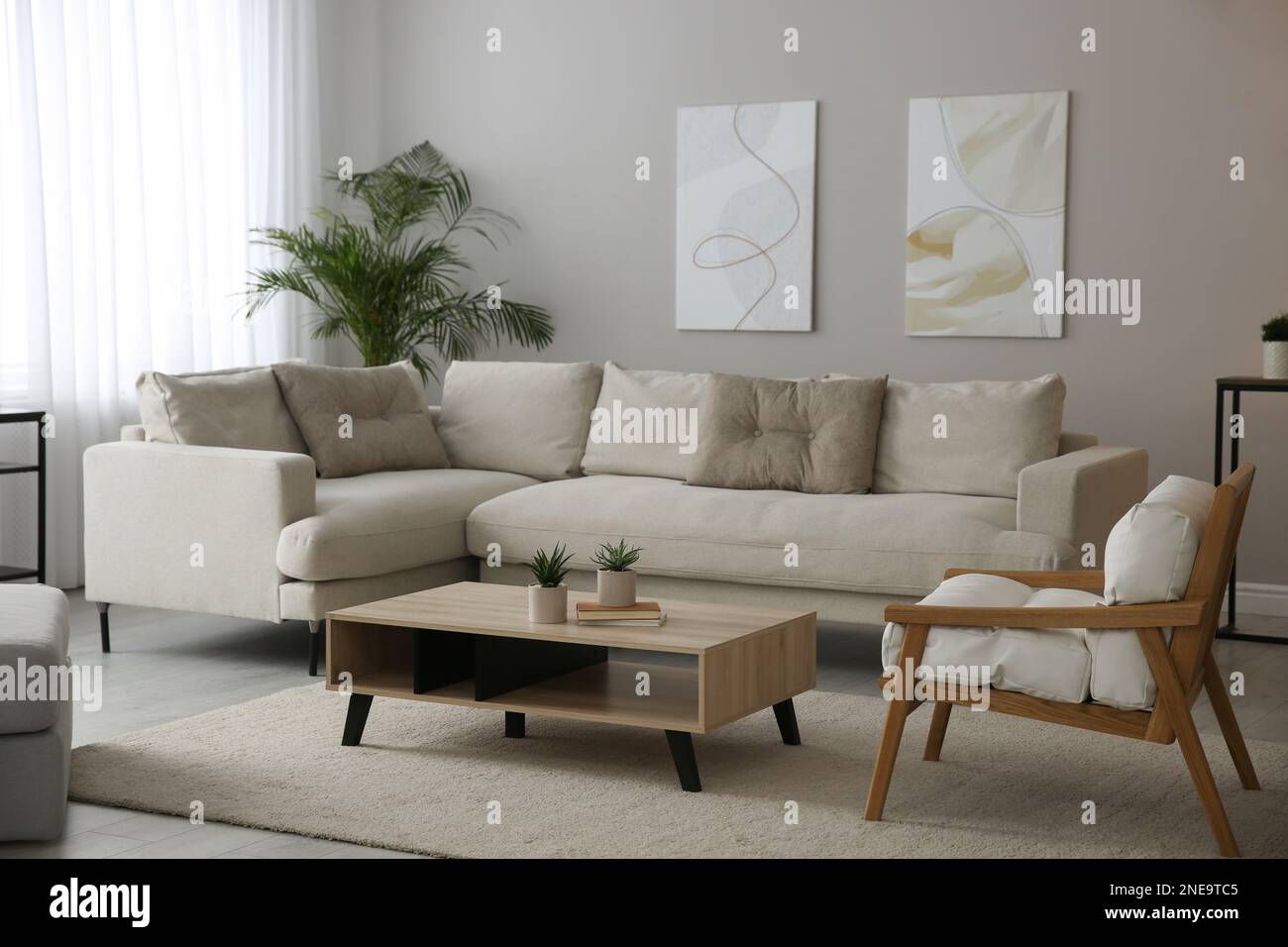 Big comfortable sofa in living room. Interior design Stock Photo - Alamy