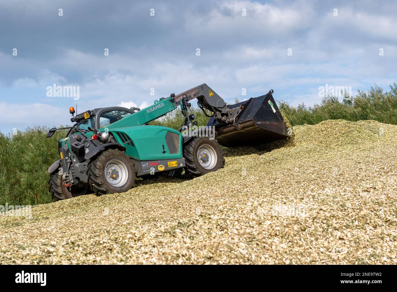 Kramer loader working on a pile of newly harvested Willow wood chip to ...