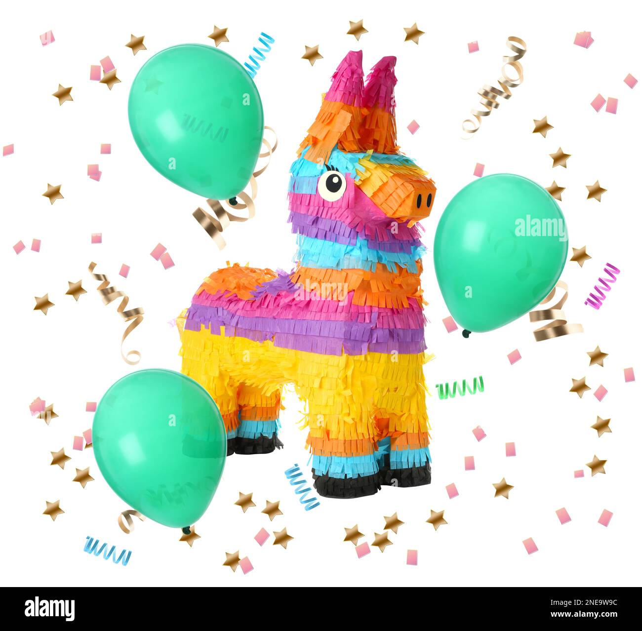 Bright funny pinata and party decor on white background Stock Photo - Alamy