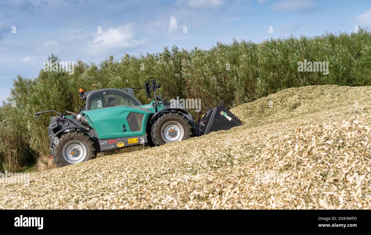 Kramer loader working on a pile of newly harvested Willow wood chip to ...